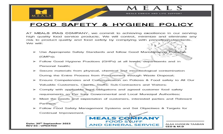 Meals Iraq - Food Safety Policy