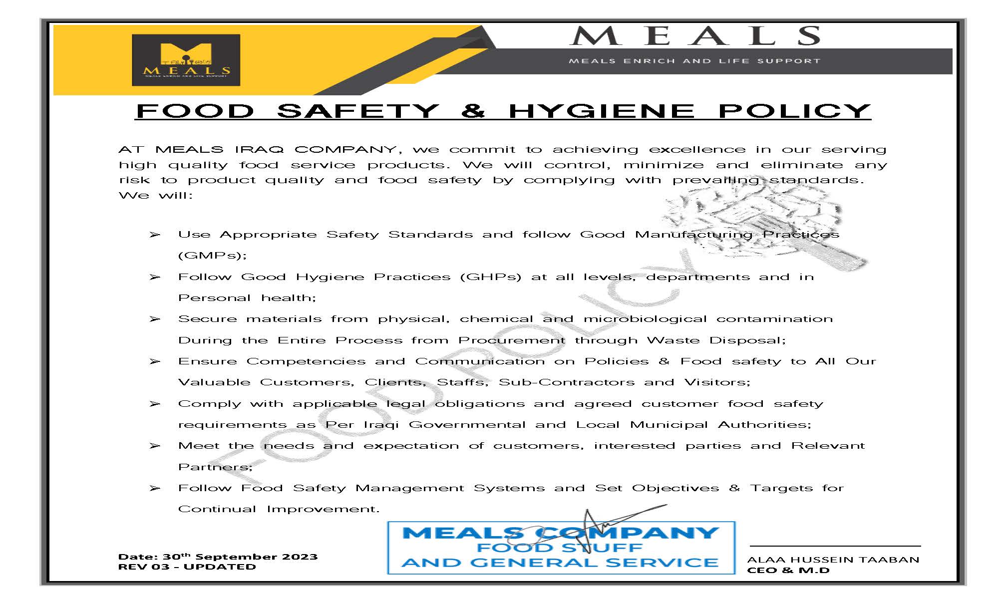 Meals Iraq - Food Safety Policy