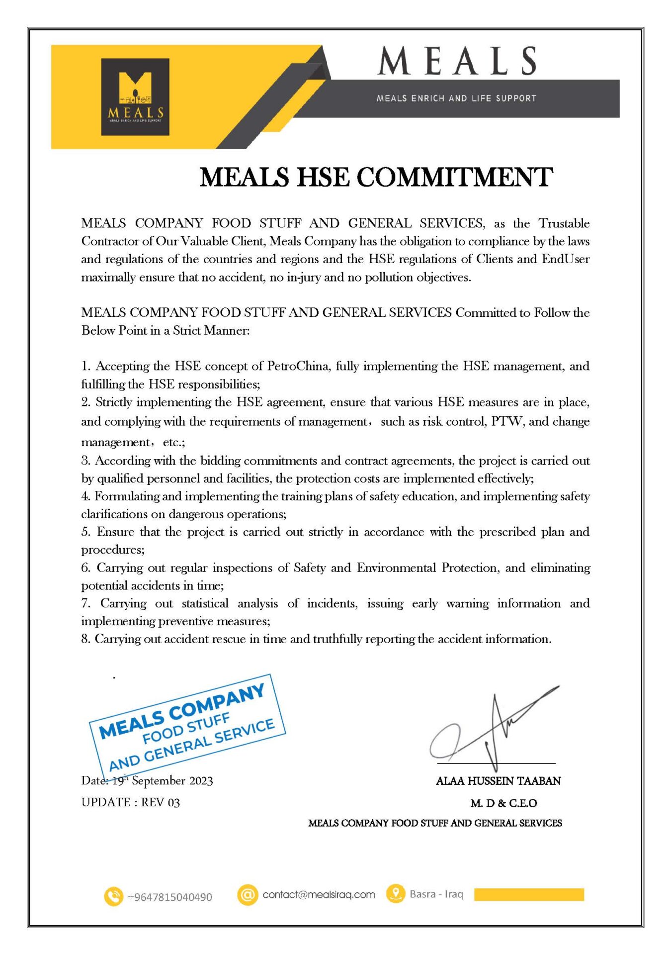 Meals Iraq - HSE Commitment's