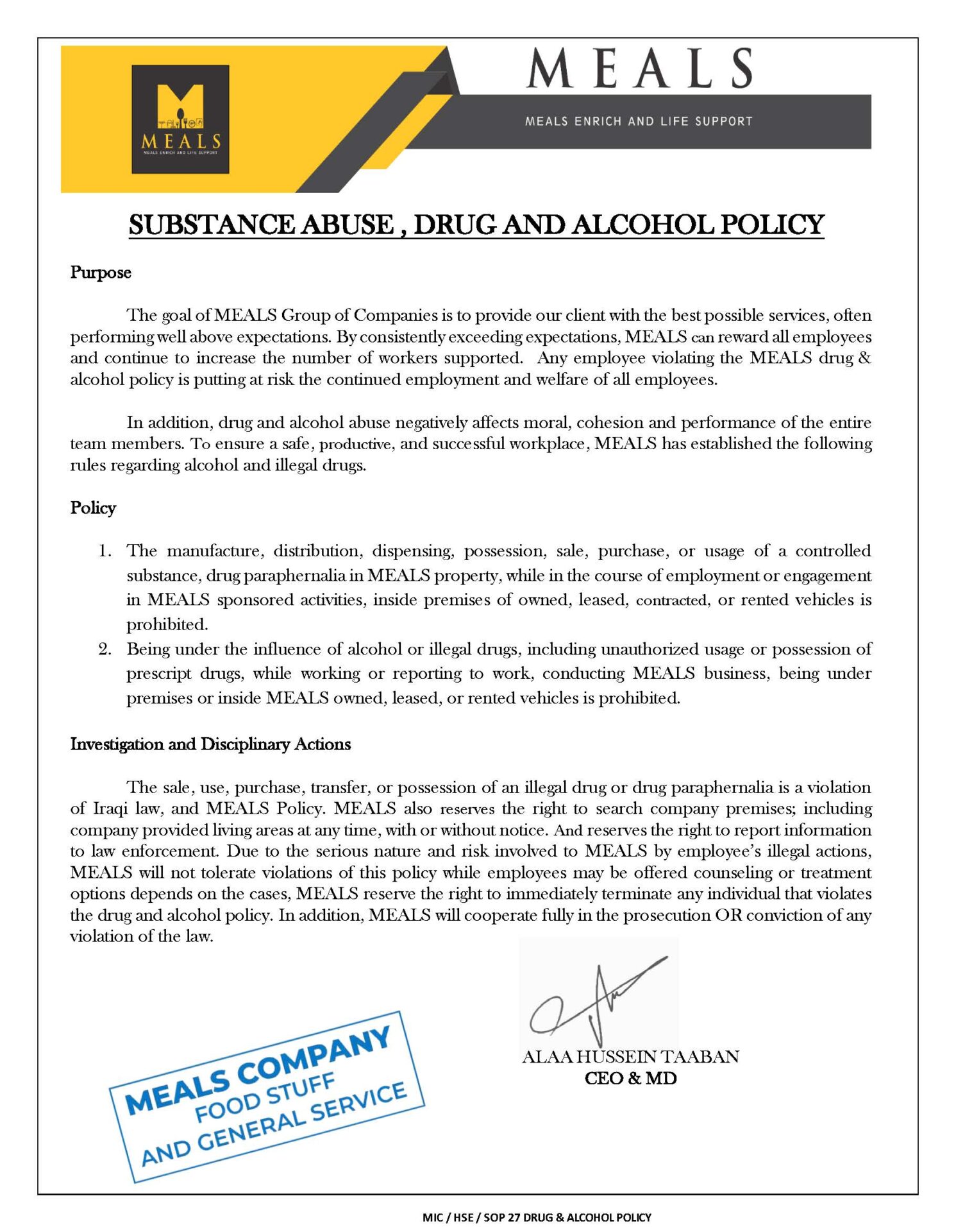 Substance Abuse Policy - Meals Iraq